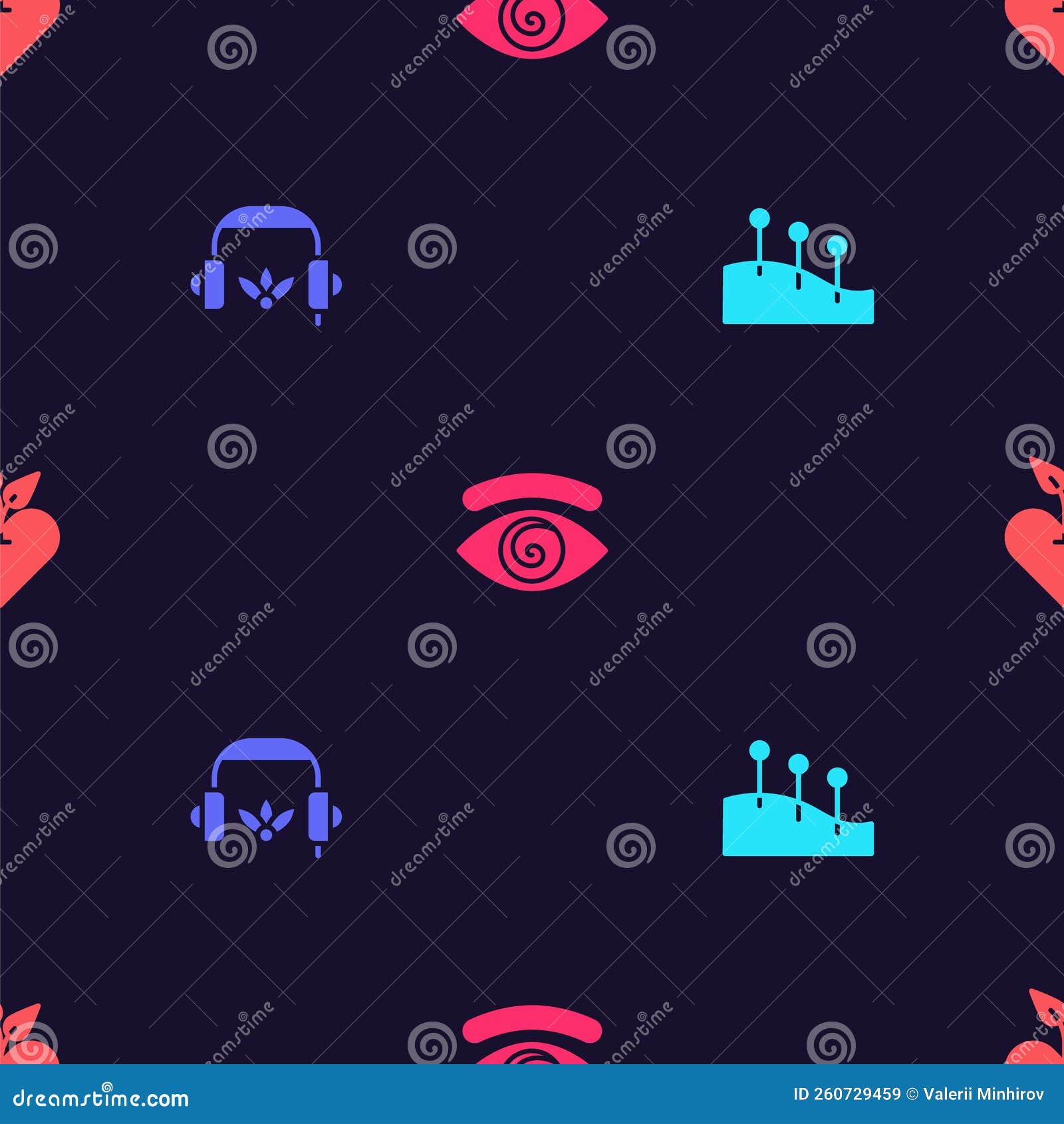 Set Acupuncture Therapy, Headphones for Meditation, Hypnosis and Heart on Seamless Pattern ...