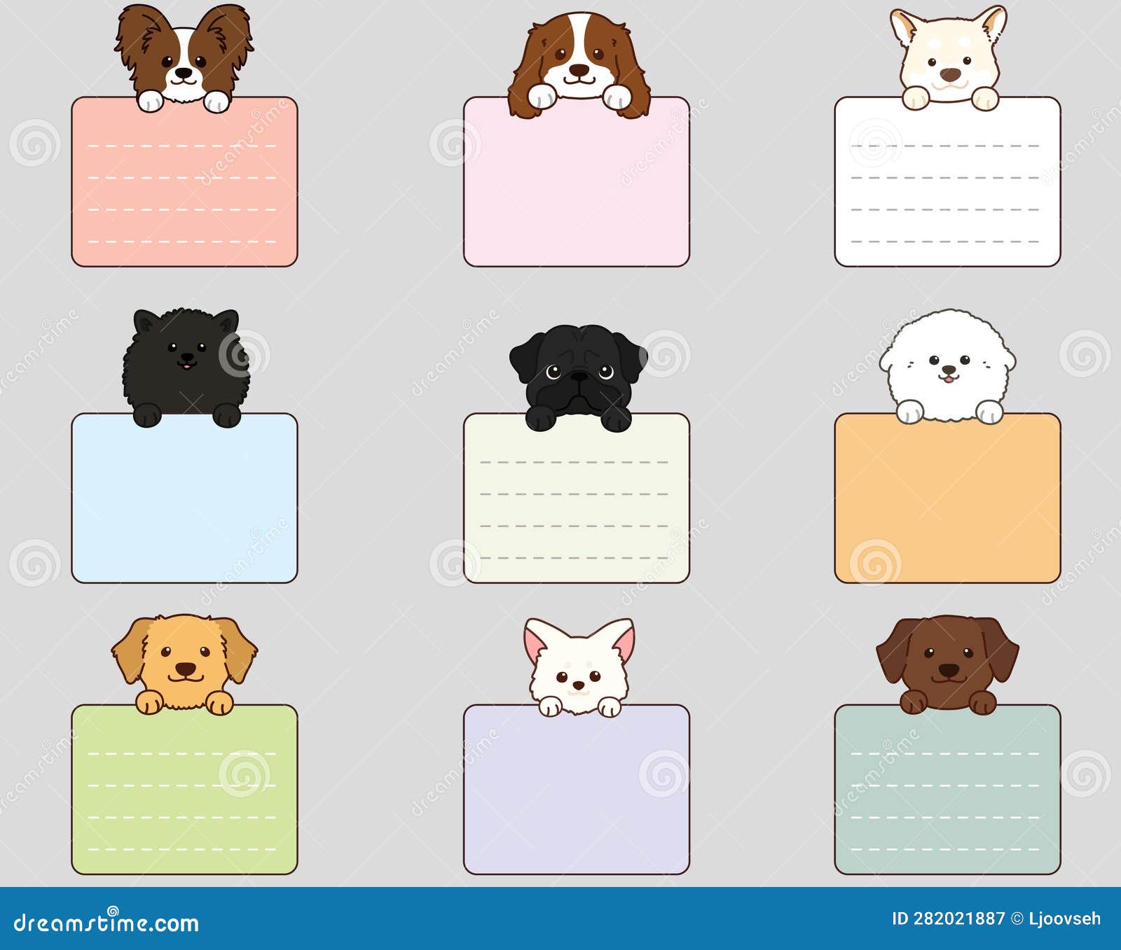 Set of Adorable Dogs Faces with Outlines with Front Paws Holding a Note ...