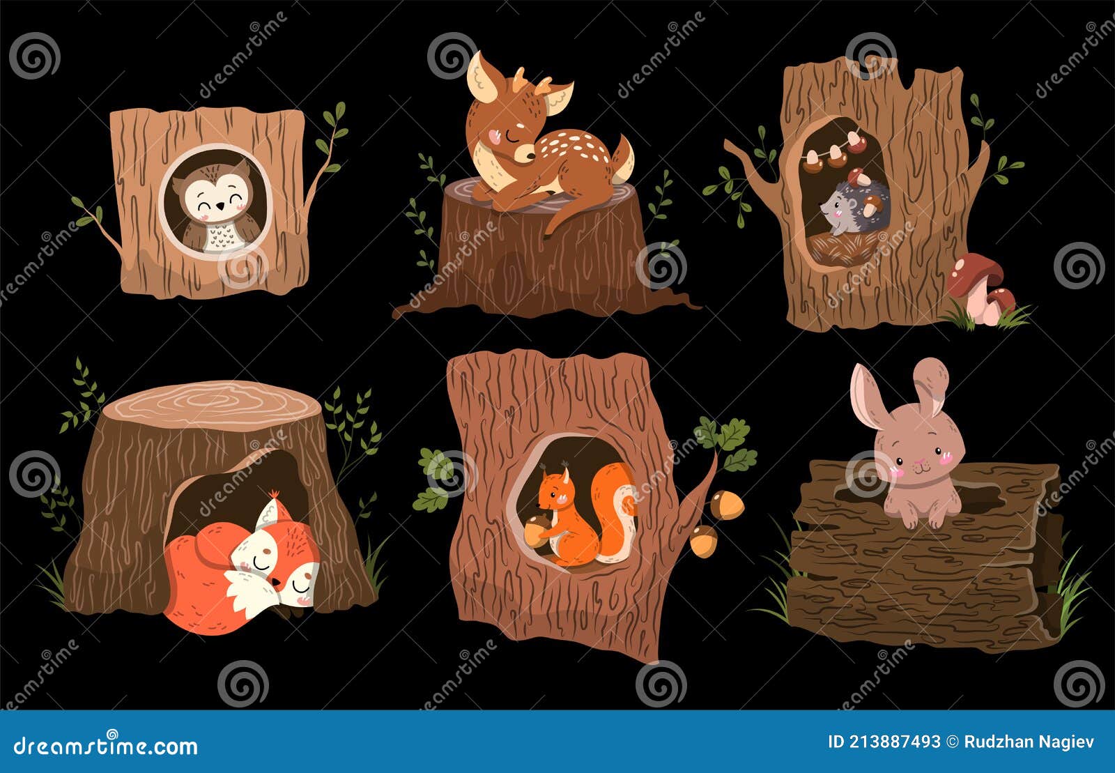 Set of 6 Adorable Forest Animals in or on Tree Trunks Stock Vector ...