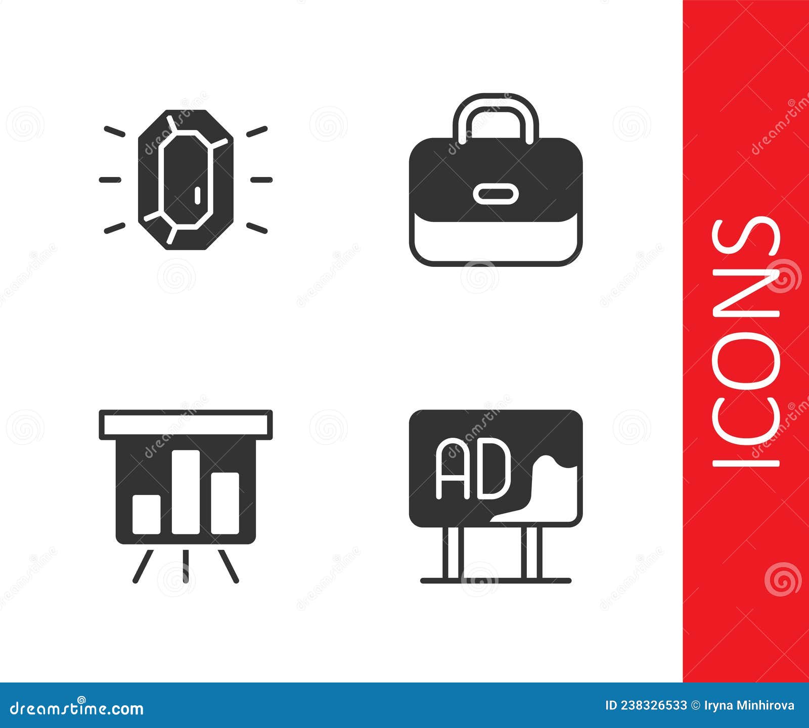 Set Advertising, Diamond, Board with Graph Chart and Briefcase Icon ...