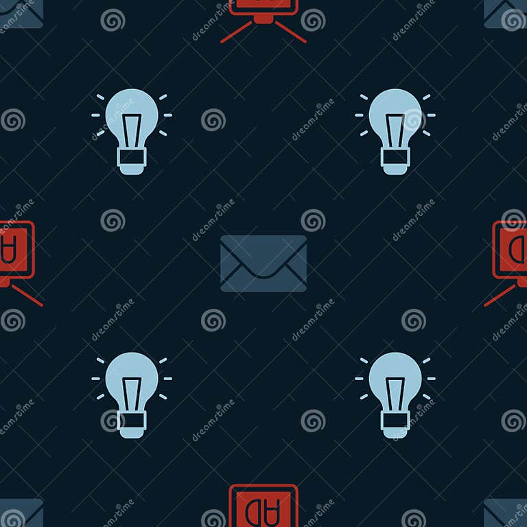 Set Advertising, Mail and E-mail and Light Bulb on Seamless Pattern ...