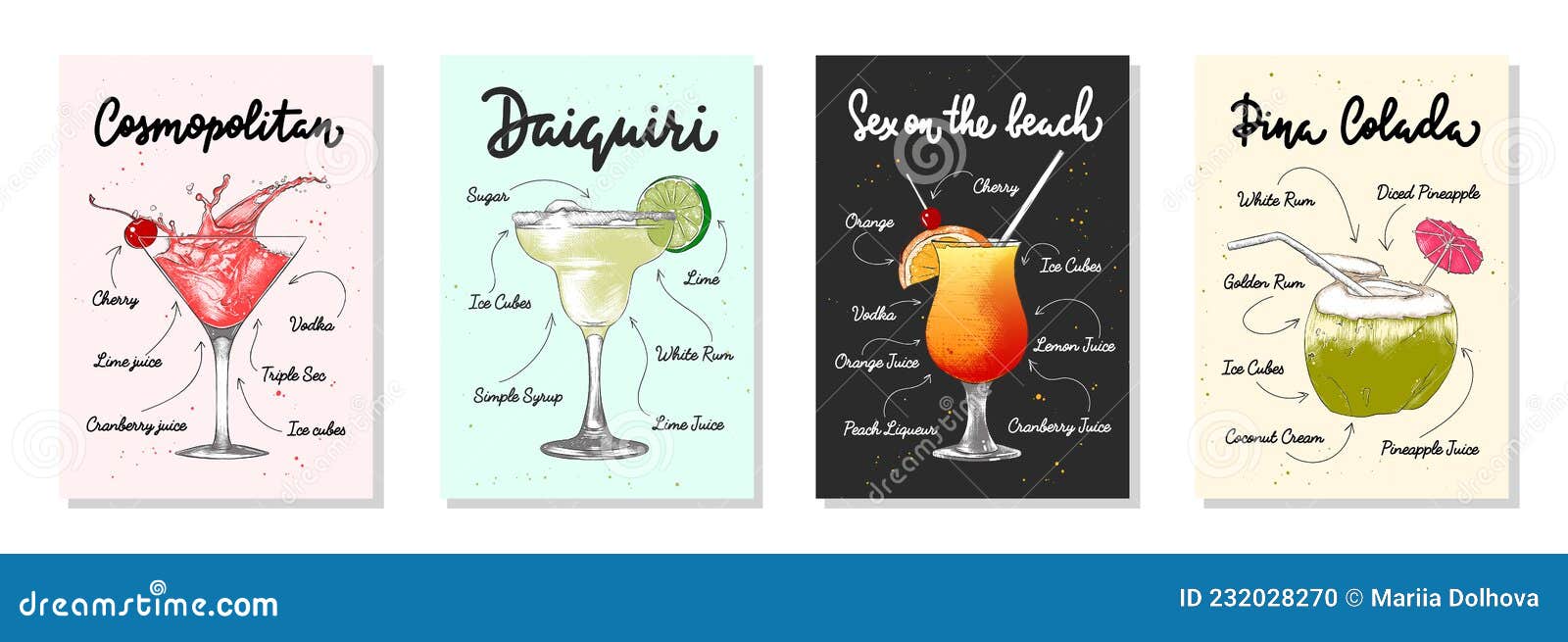 Set Of 4 Advertising Recipe Lists With Alcoholic Drinks Cocktails And