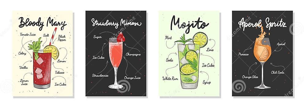 Set Of 4 Advertising Recipe Lists With Alcoholic Drinks Cocktails And