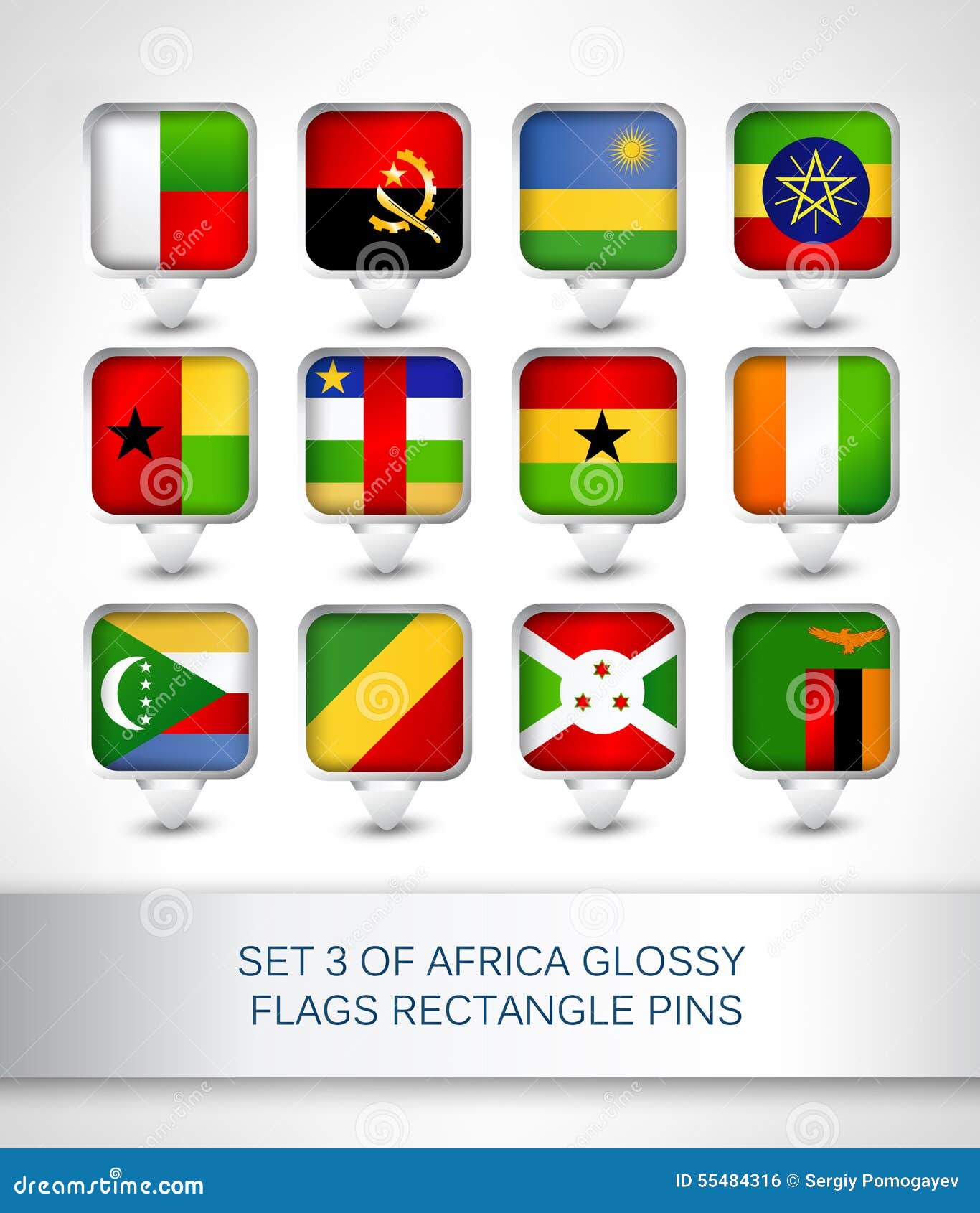 Set 3 of Africa Glossy Flags Rectangle Pins Stock Vector - Illustration ...