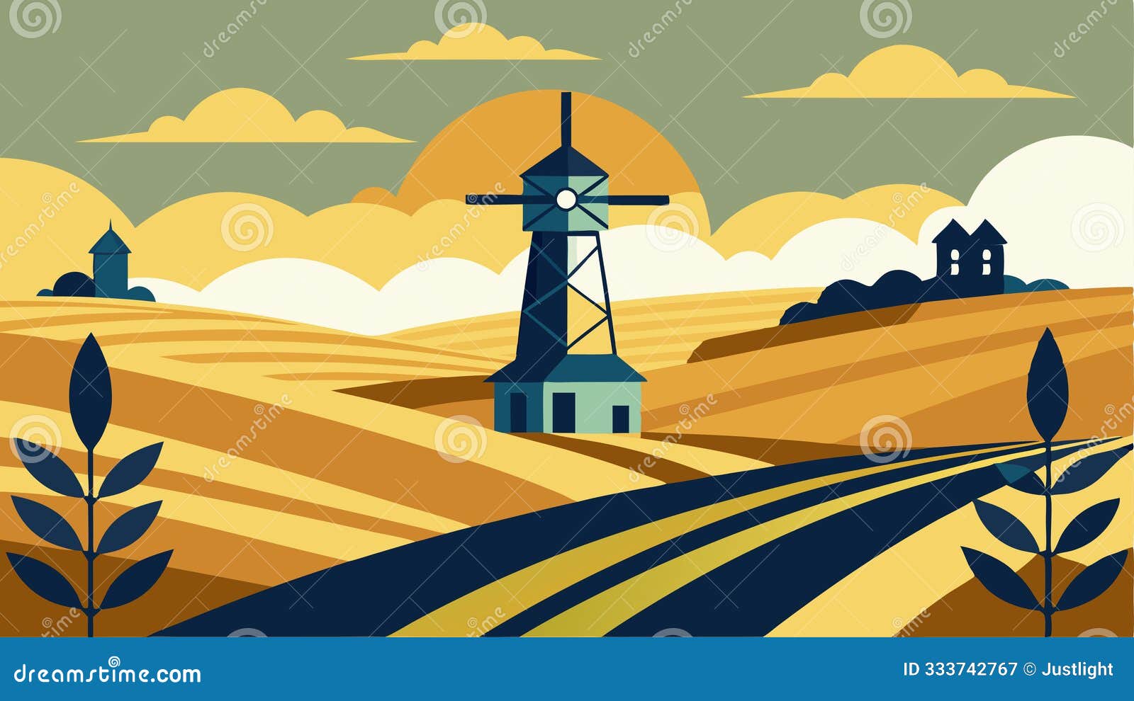 Set Against a Backdrop of Endless Fields the Windmills Towering ...
