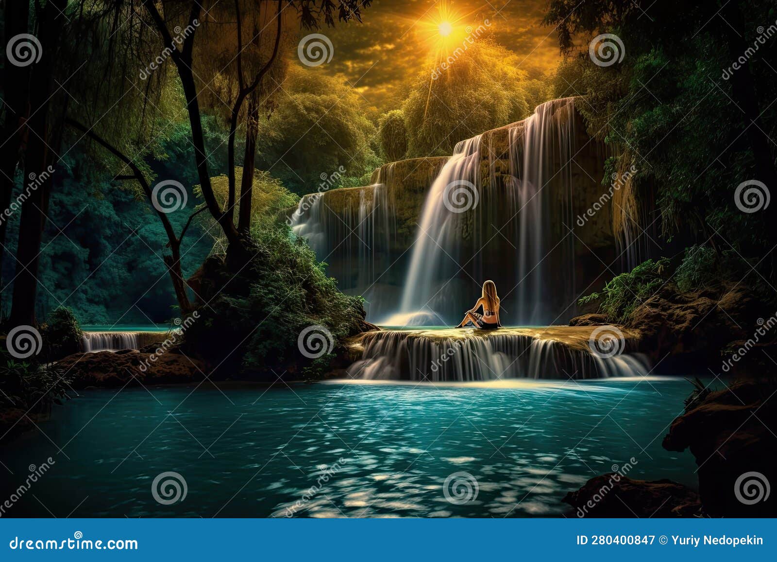 Waterfall Bathed in the Soft Glow of Moonlight Silhouette of a Bathing ...