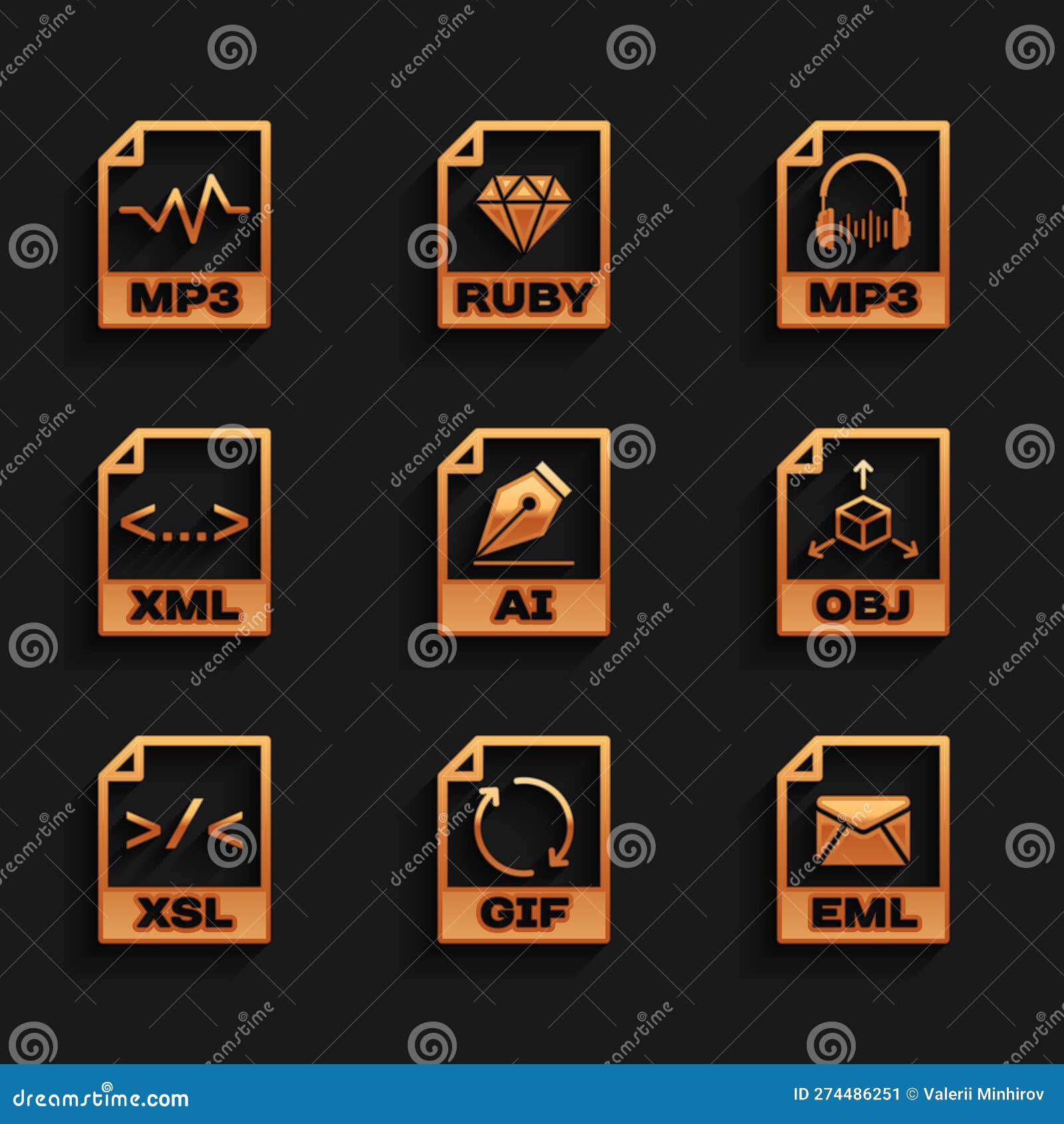 Set AI File Document, GIF, EML, OBJ, XSL and XML Icon. Vector Stock Vector - Illustration of ...