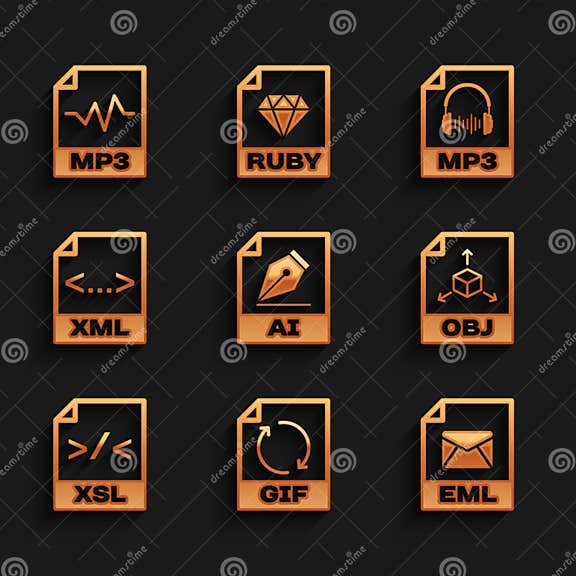 Set AI File Document, GIF, EML, OBJ, XSL and XML Icon. Vector Stock Vector - Illustration of ...