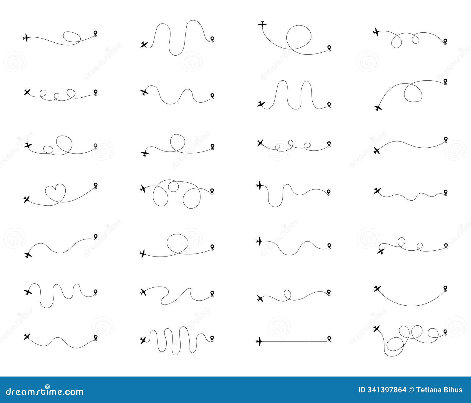 Set of Aircraft Trajectories. Airplane Path with Destination Stock ...