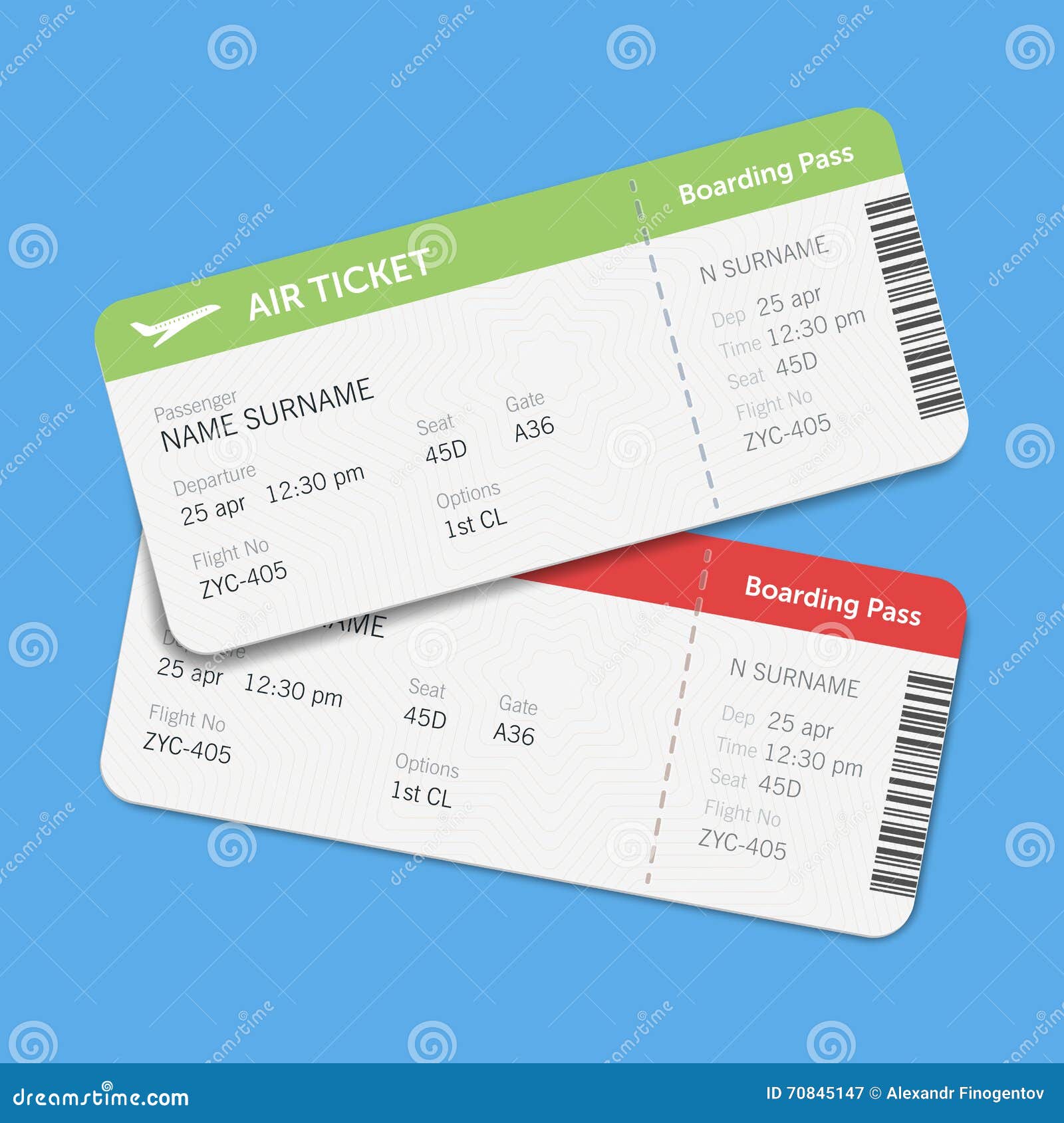 Set of the Airline Boarding Pass Tickets with Shadow. Isolated on Blue ...