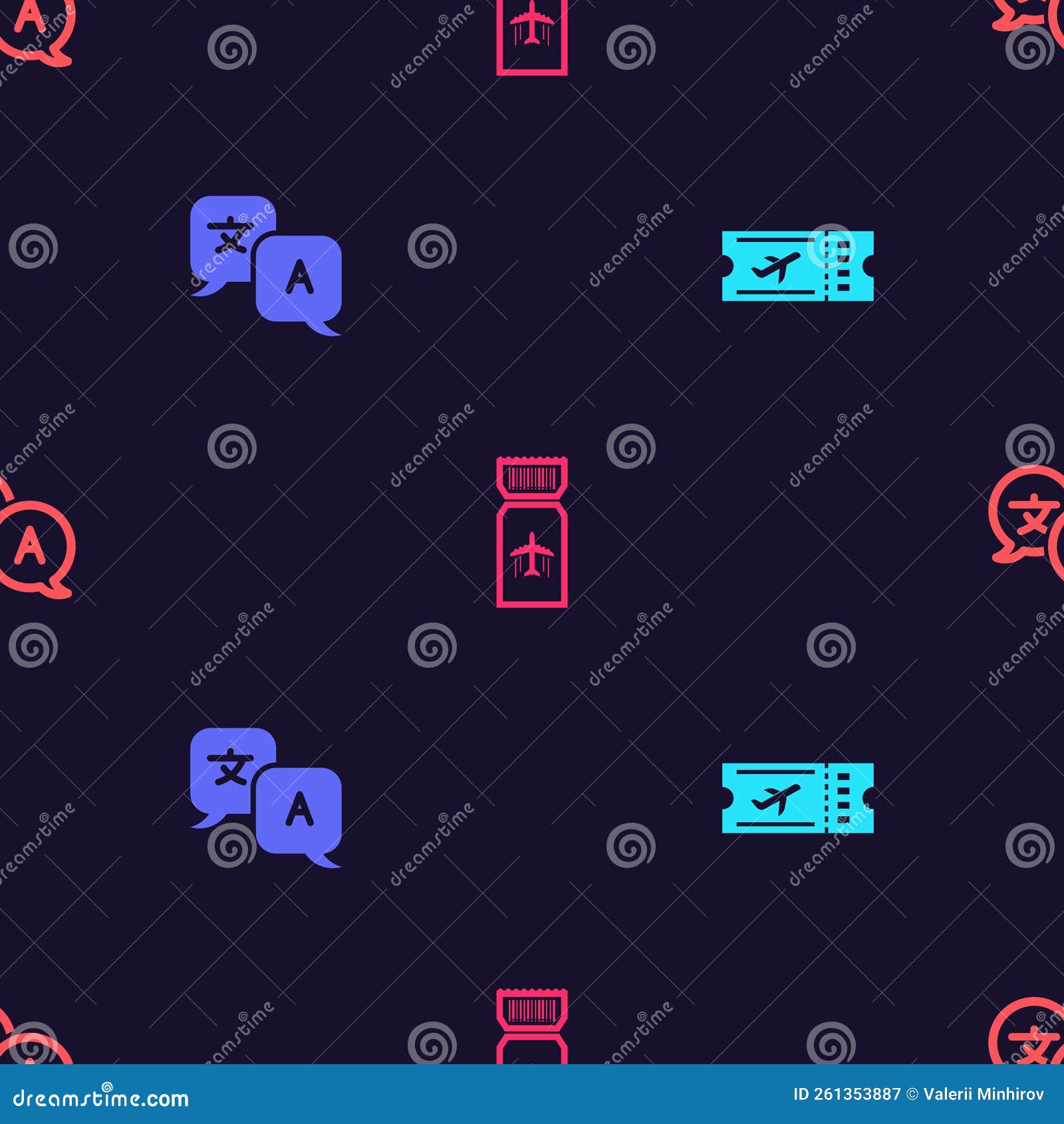 Set Airline Ticket, Translator, and on Seamless Pattern. Vector Stock ...