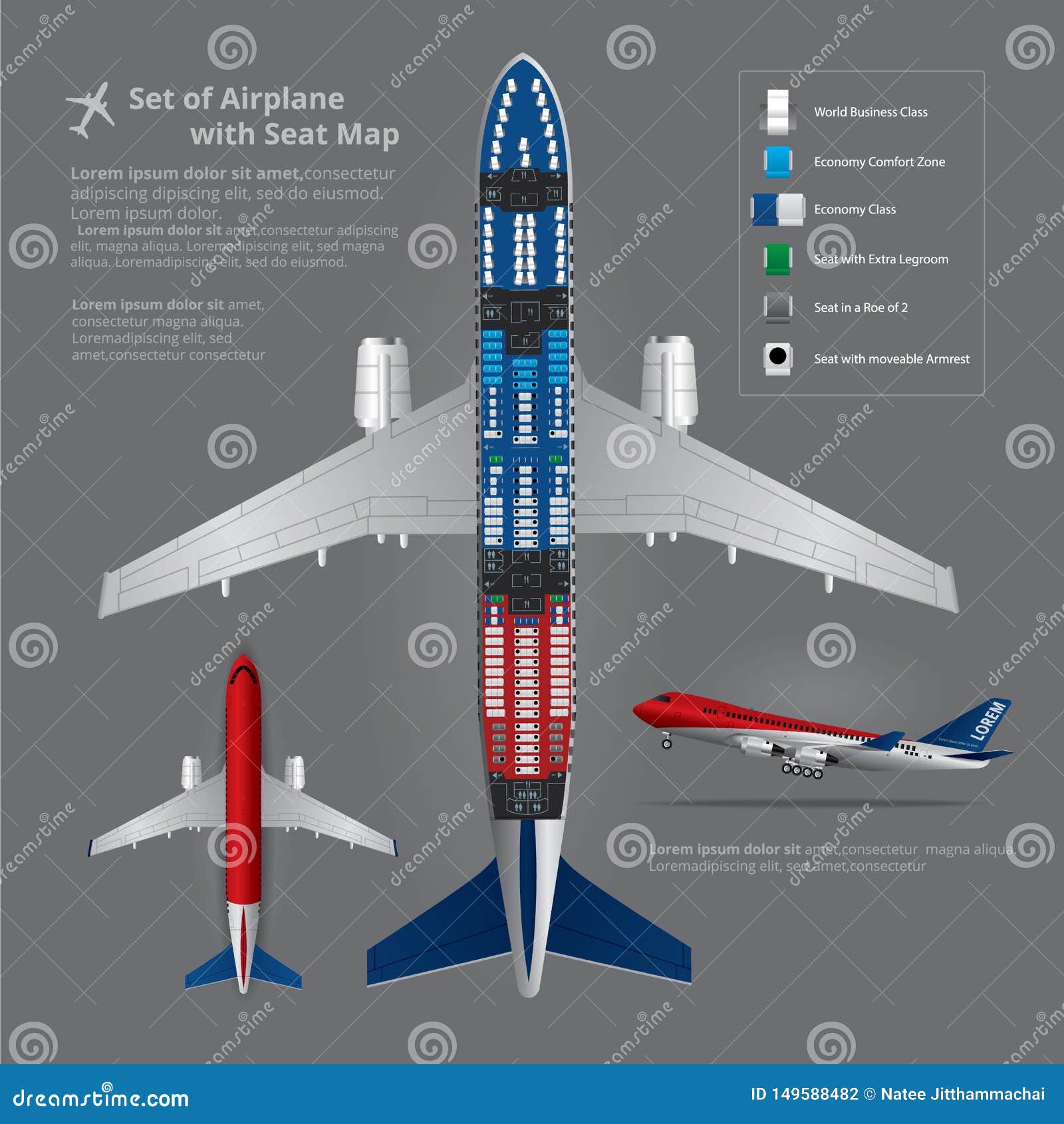 Set of Airplane Landing with Seat Map Isolated Stock Vector ...