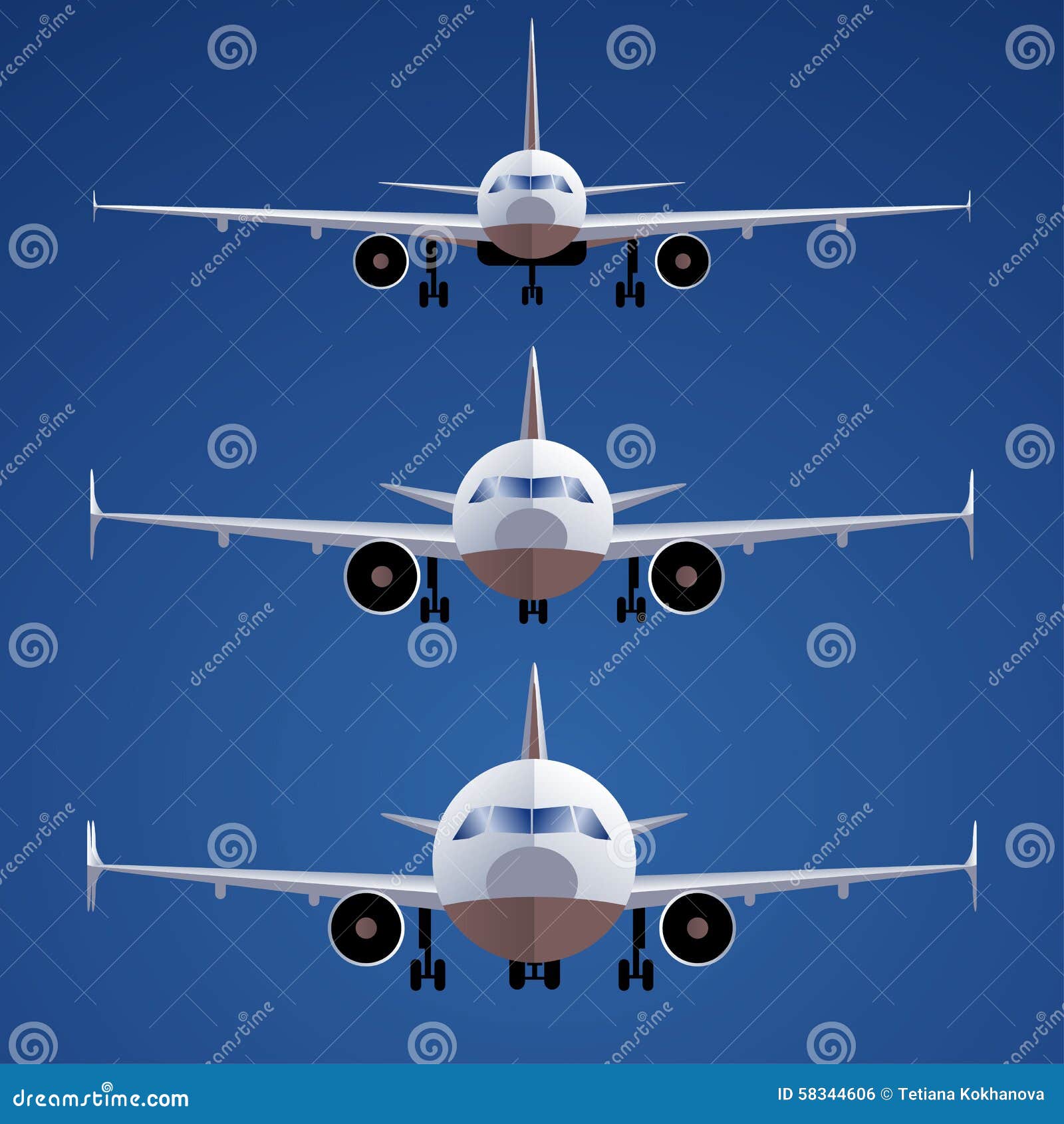 Set of Airplanes Isolated on Blue Background. Front View. Different ...