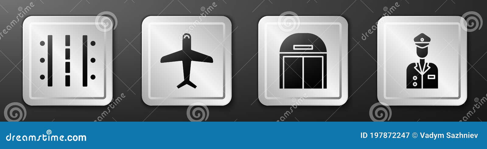 Set Airport Runway, Plane, Aircraft Hangar and Pilot Icon. Silver ...