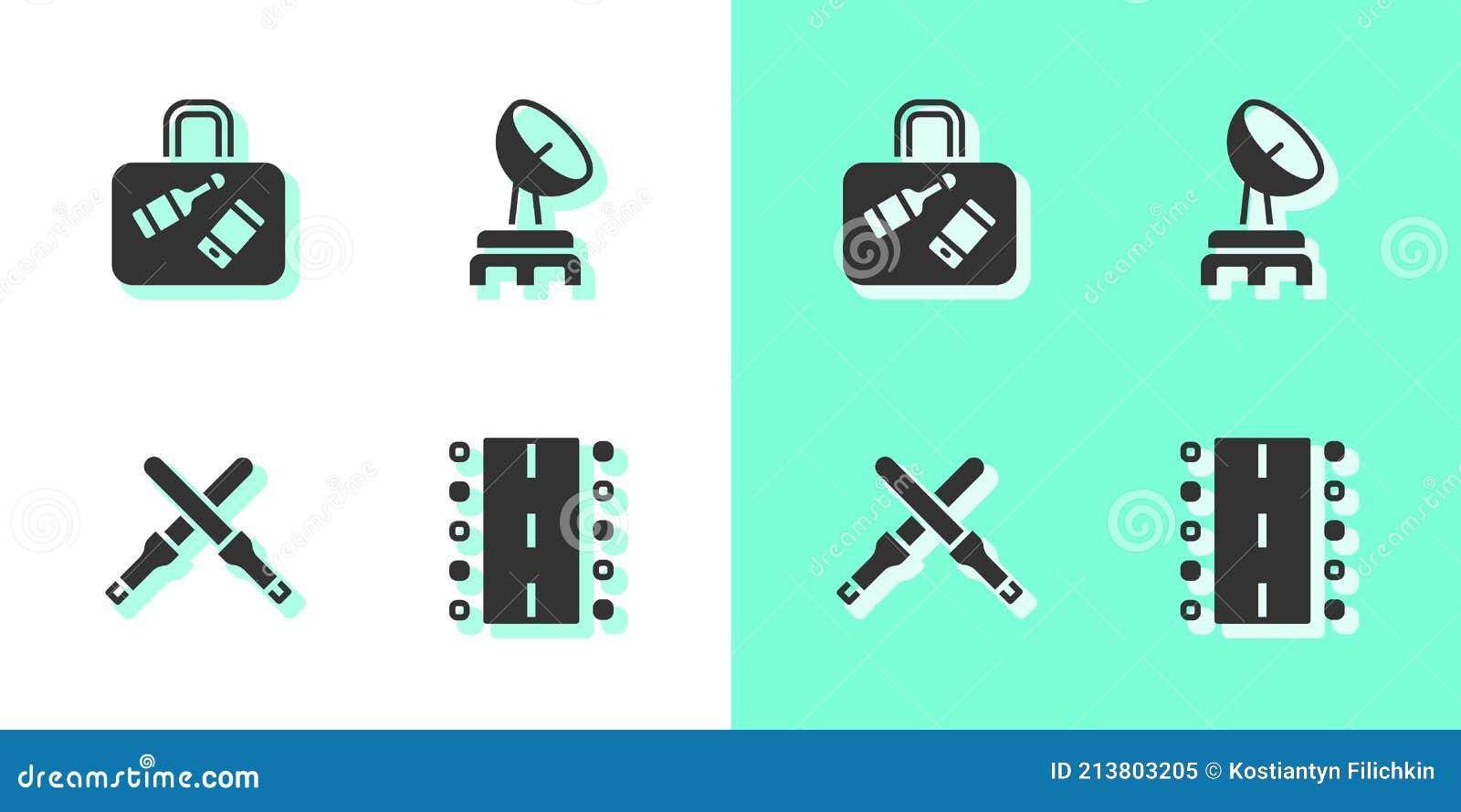 Set Airport Runway, Suitcase, Marshalling Wands and Radar Icon. Vector ...