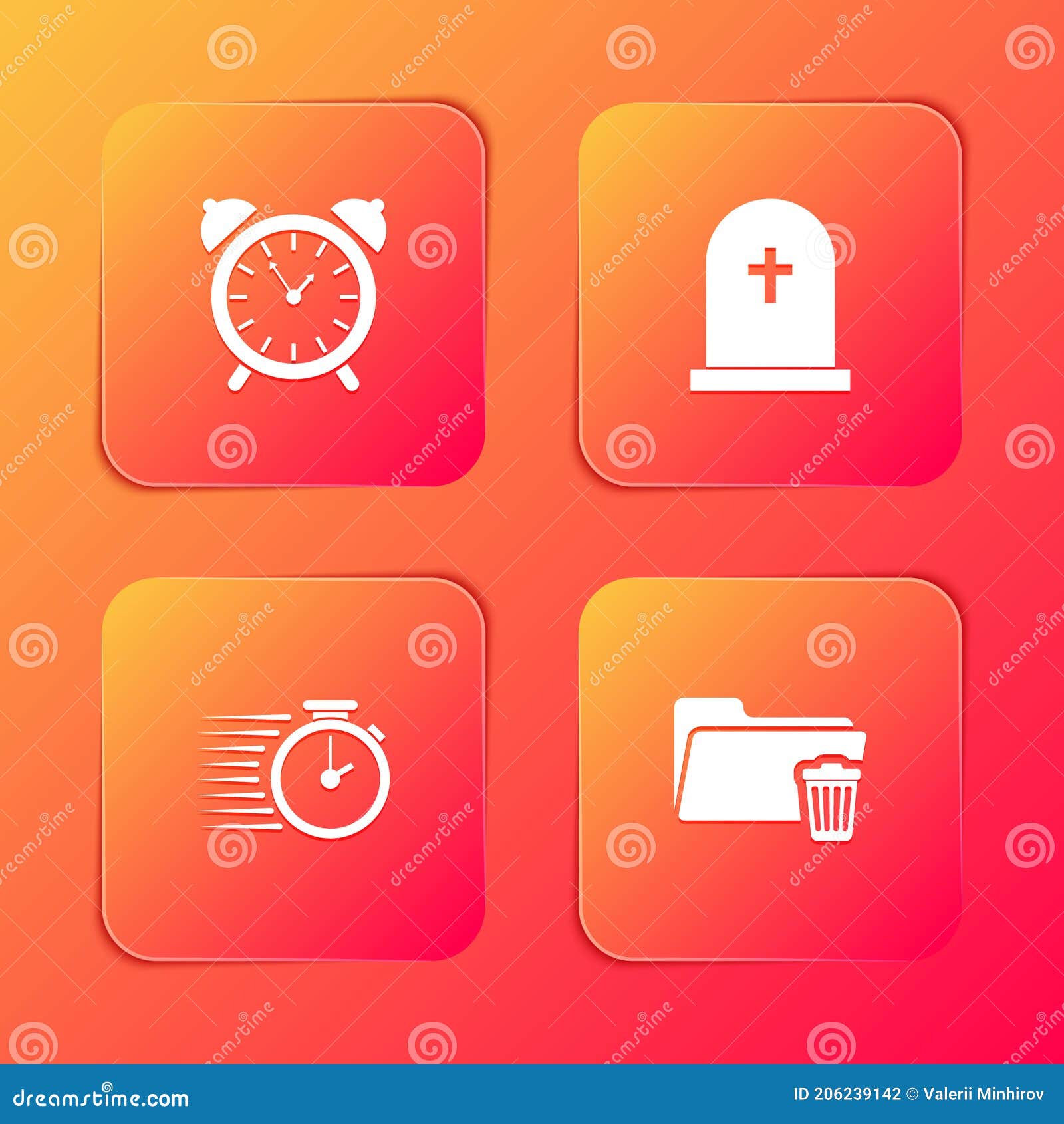 Set Alarm Clock, Tombstone with Cross, Stopwatch and Delete Folder Icon ...