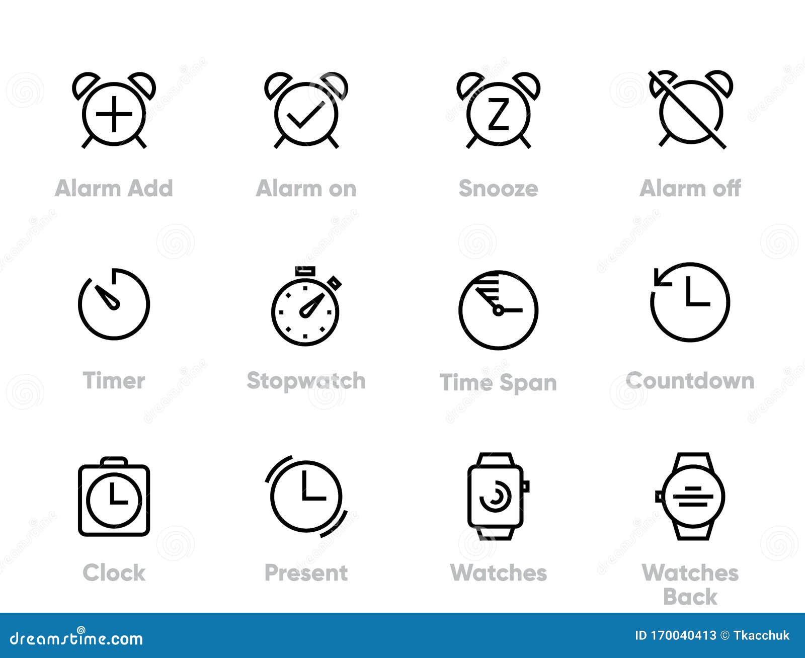 Set of Alarm, Time, Clock, Timer, Editable Thin Line Icons. Stock ...