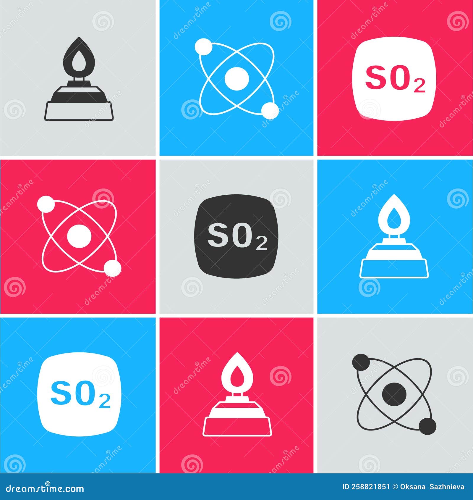 Set Alcohol or Spirit Burner, Atom and Sulfur Dioxide SO2 Icon. Vector ...