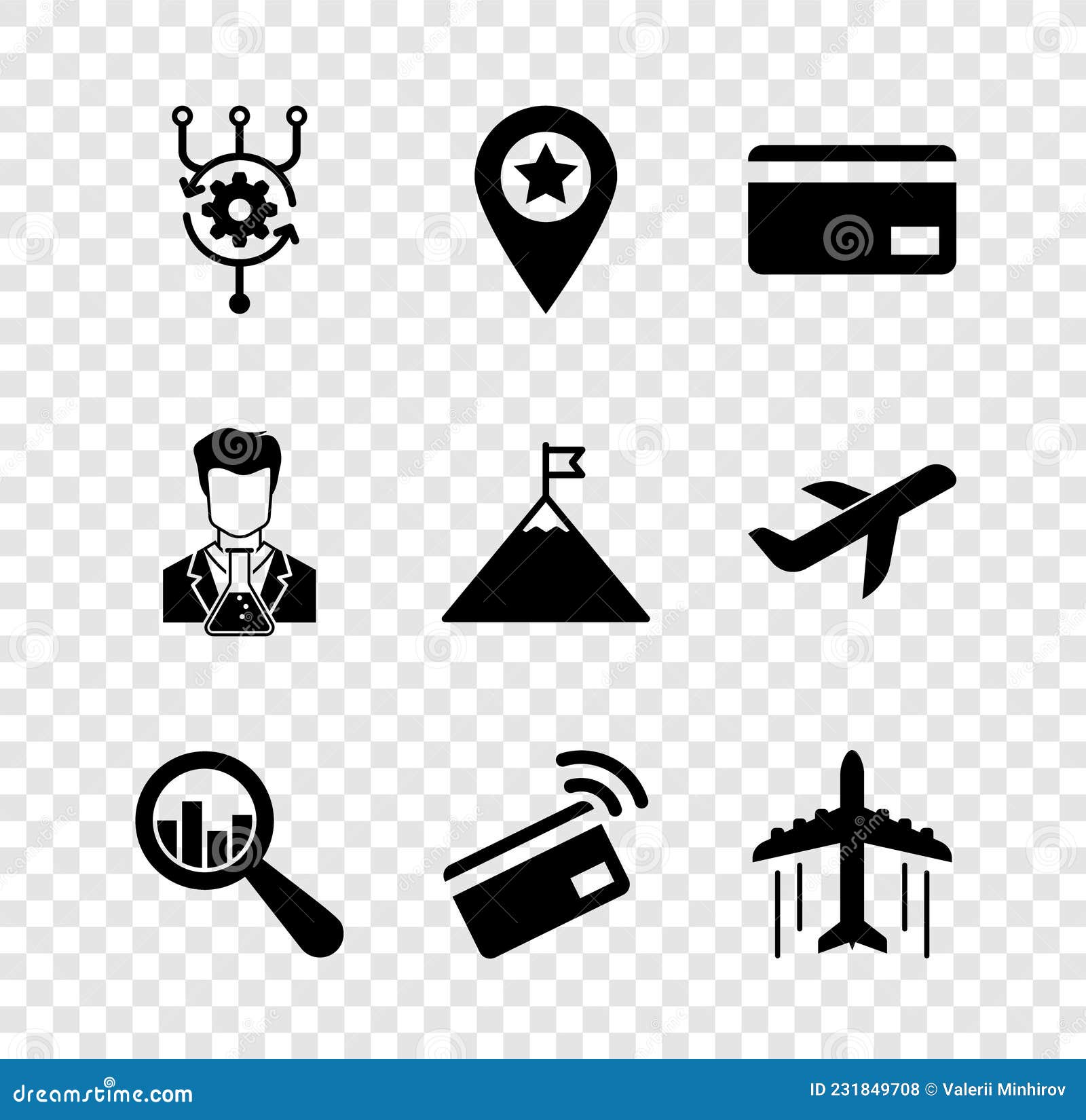 Set Algorithm, Location with Star, Credit Card, Magnifying Glass and ...