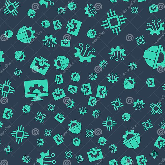 Set Algorithm Processor With Microcircuits Cpu Computer Monitor And Gear And Worker Safety