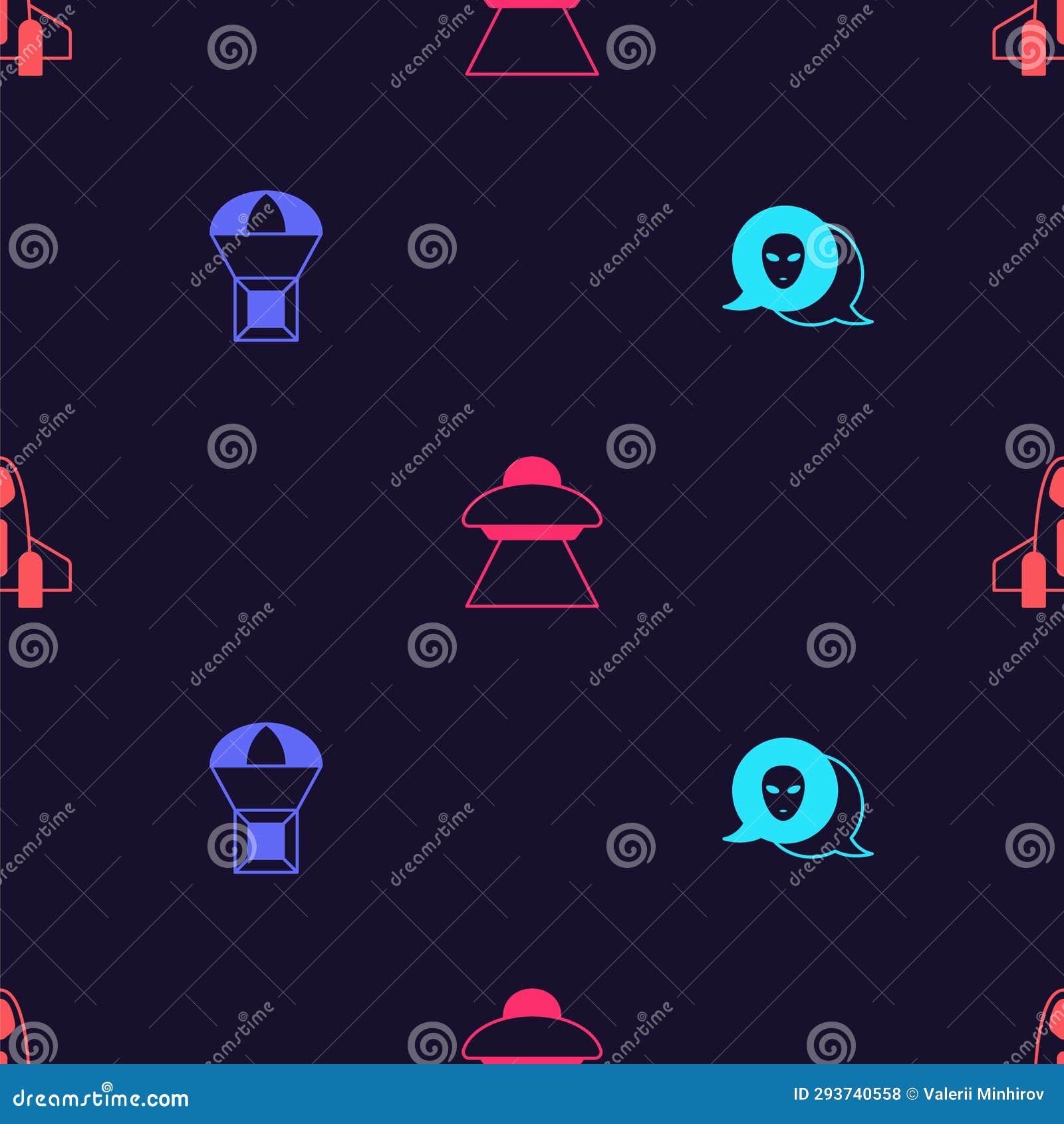 Set Alien, Box Flying on Parachute, UFO Spaceship and Rocket on ...