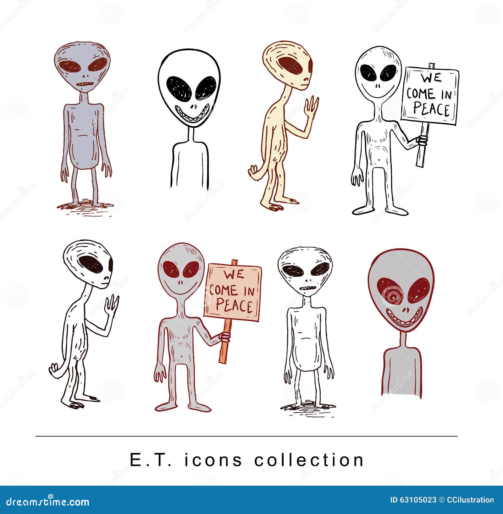 Set of Alien Icon, Hand Drawn Vector Illustration. Stock Vector ...