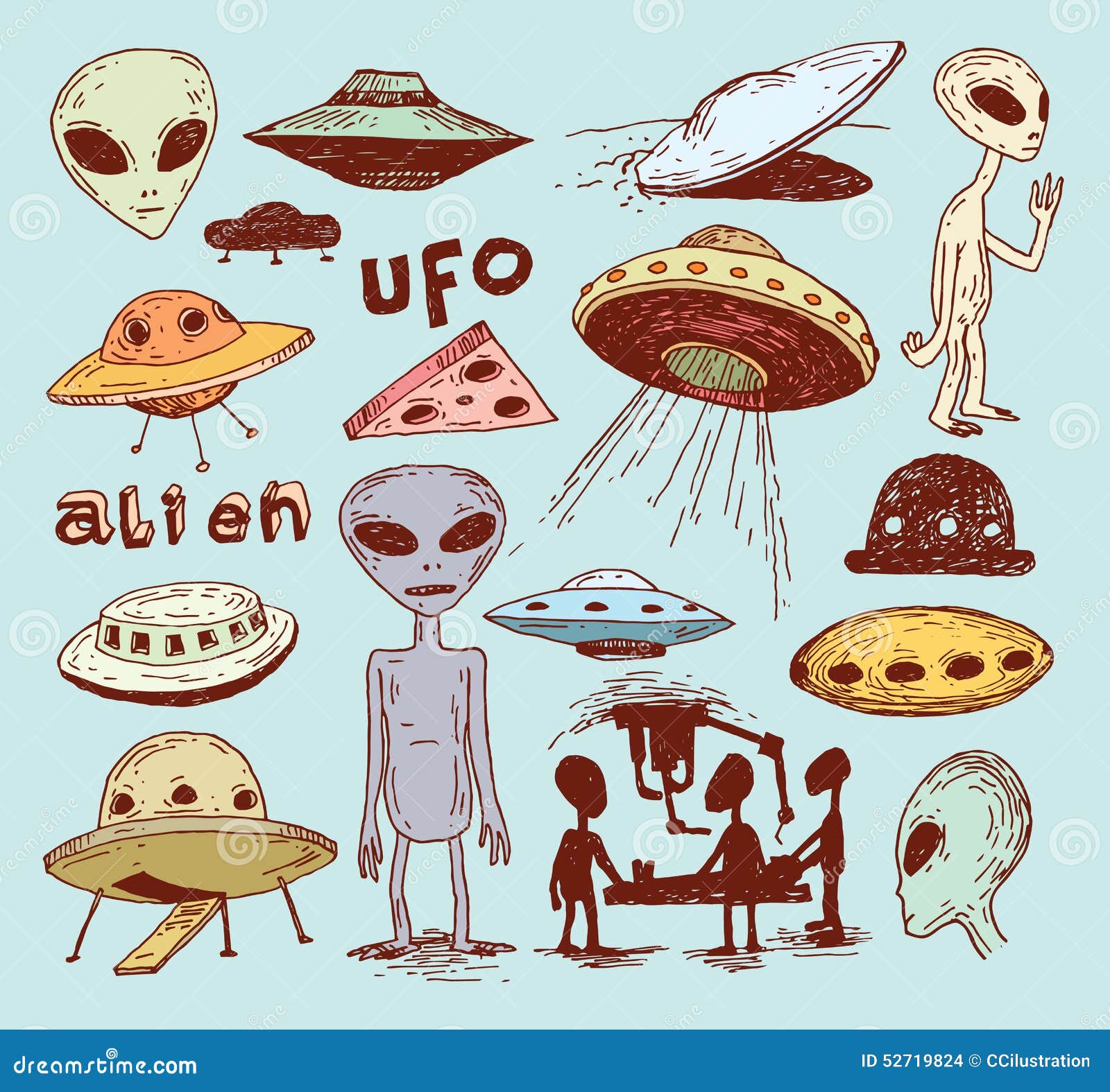 Set of Alien and Ufo Icon, Hand Drawn Vector Illustration Stock Vector ...