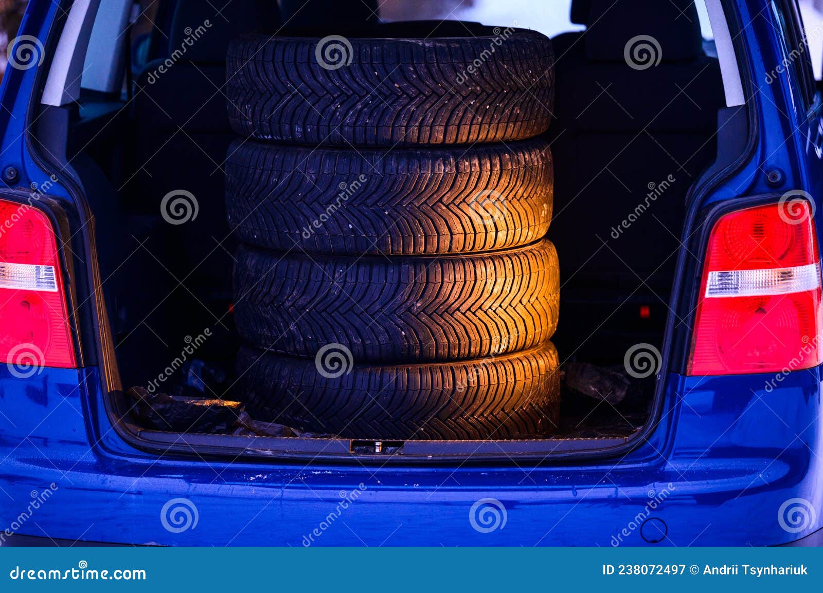 Set of All-season Tires in the Trunk of the Car. Stock Image - Image of ...