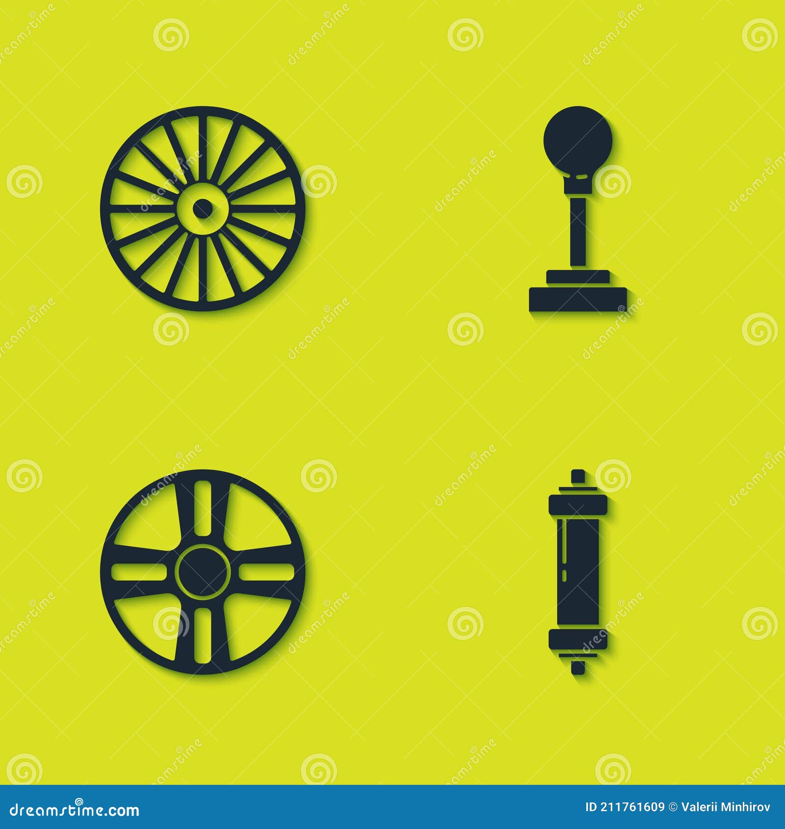 Set Alloy Wheel, Shock Absorber, and Gear Shifter Icon. Vector Stock ...