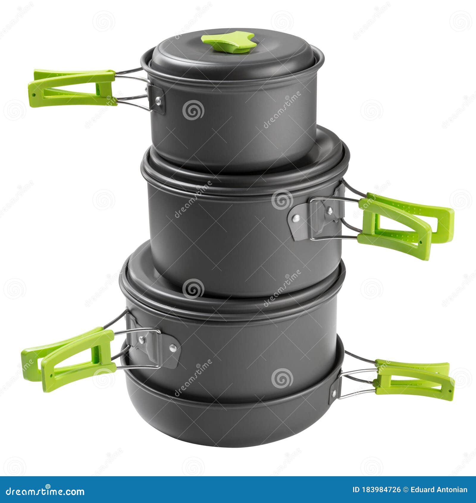 A Set of Aluminum Utensils for Camping Stand in a Stack, Pans of ...