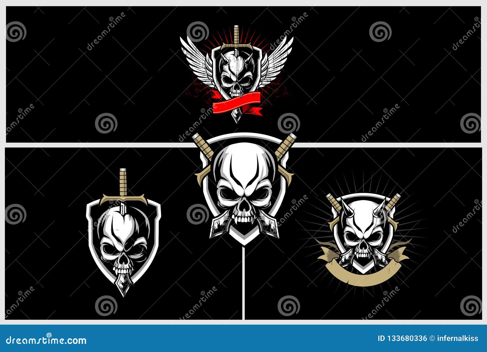 Set of Amazing and Unique Evil Skull with Sword and Shield Vector Stock ...