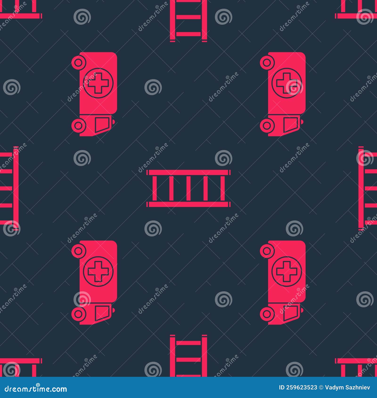 Set Ambulance and Emergency Car and Fire Escape on Seamless Pattern ...
