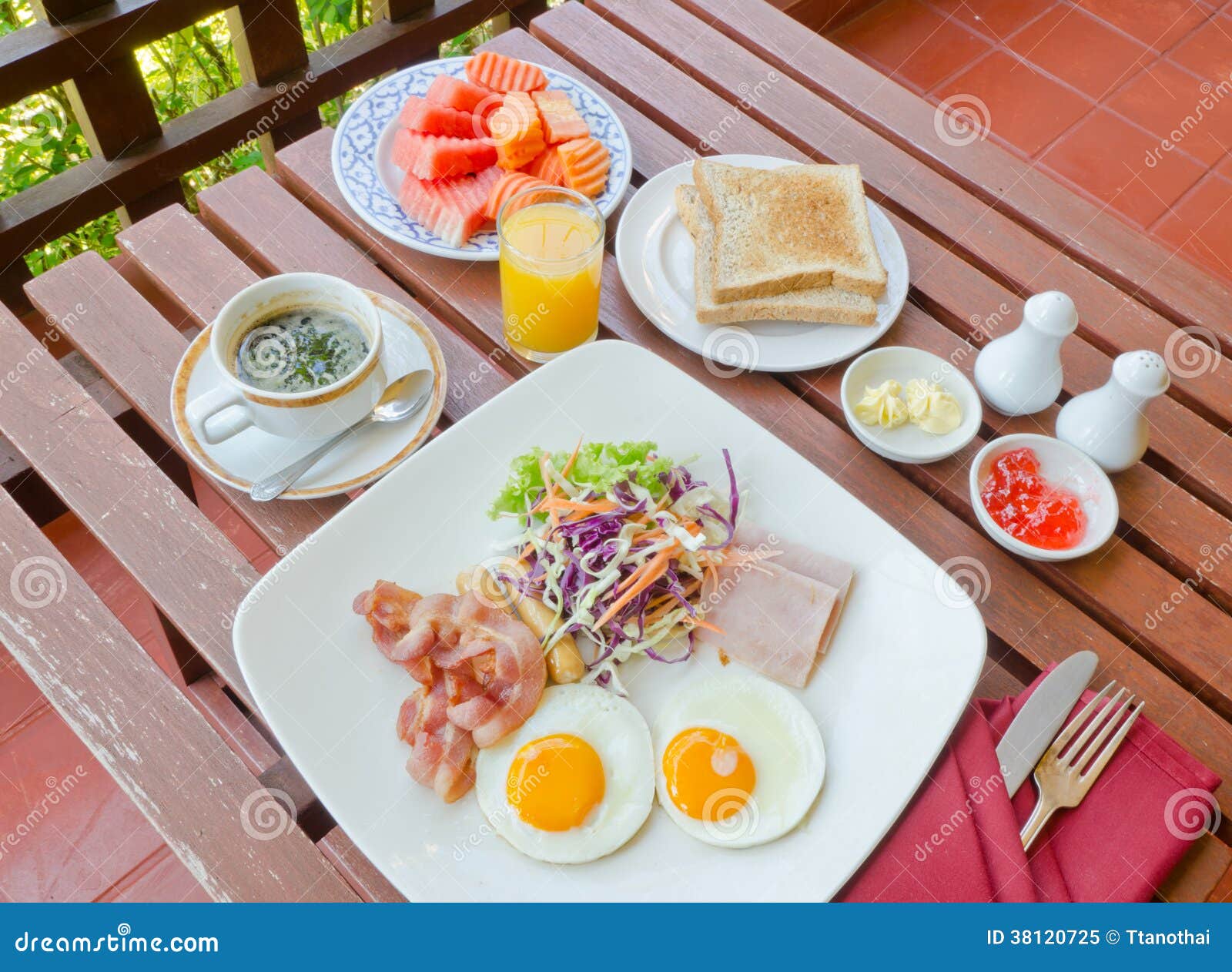 Set of American Breakfast on Wood Table Stock Image - Image of bacon ...