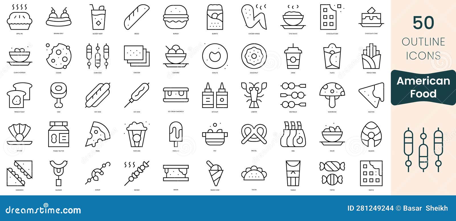 Set of American Food Icons. Thin Linear Style Icons Pack Stock Vector ...