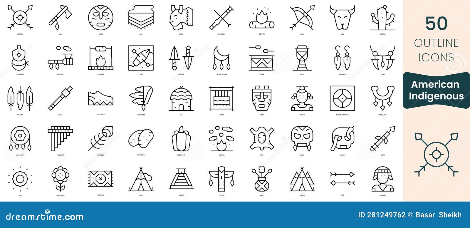 Set of American Indigenous Icons. Thin Linear Style Icons Pack Stock ...