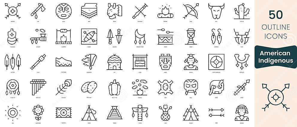 Set of American Indigenous Icons. Thin Linear Style Icons Pack Stock ...