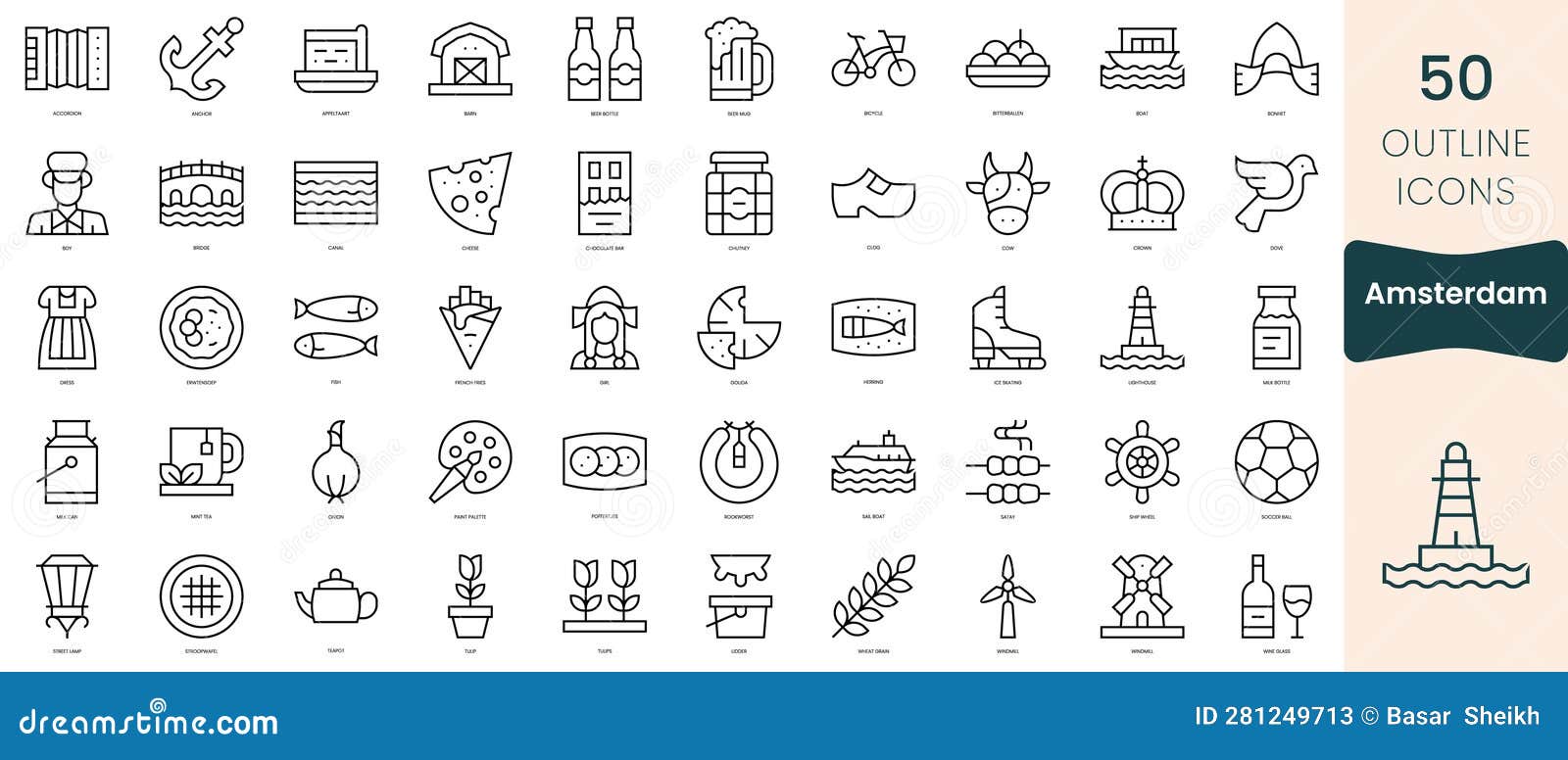 Set of Amsterdam Icons. Thin Linear Style Icons Pack Stock Vector ...