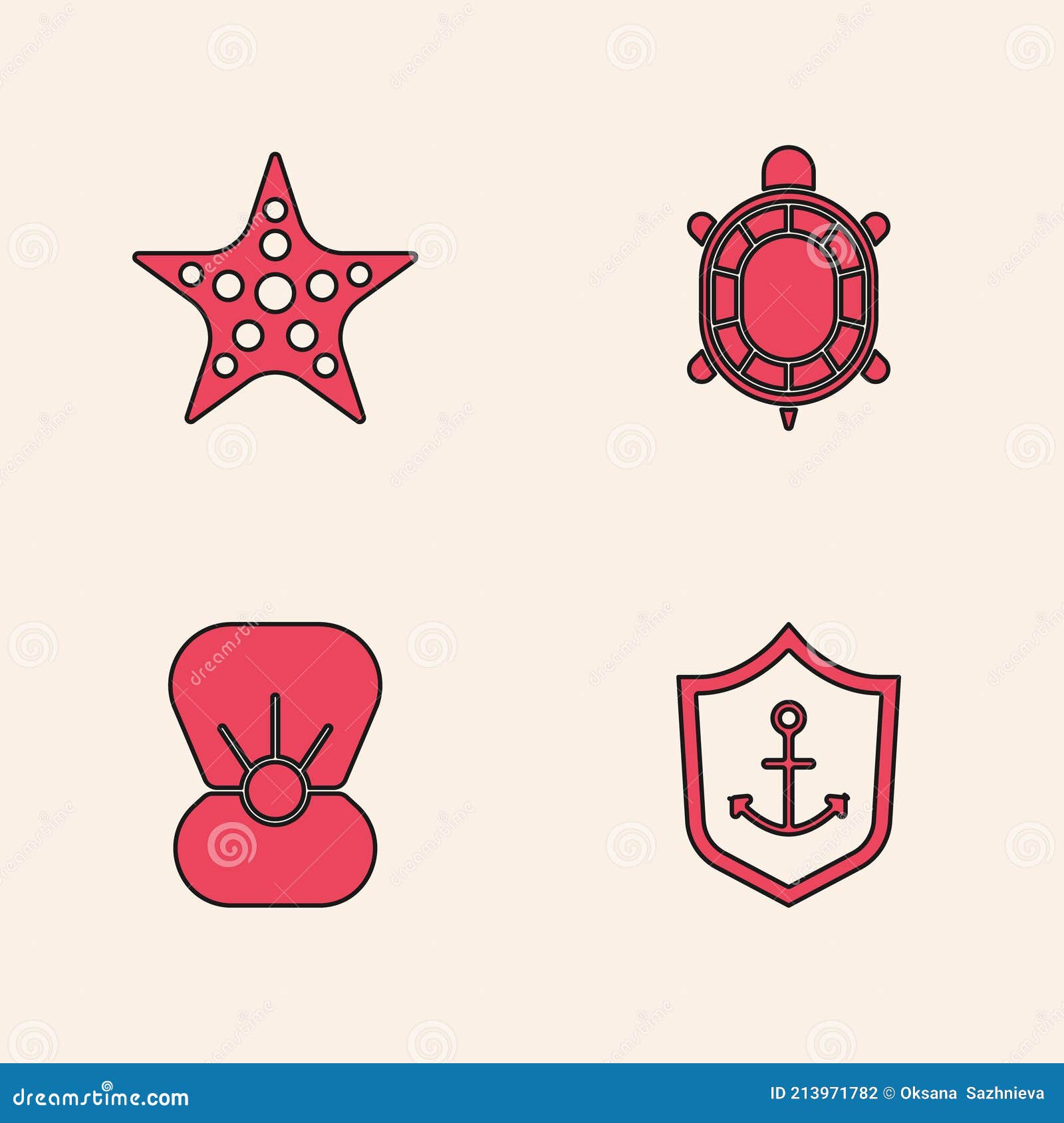 Set Anchor Inside Shield, Starfish, Turtle and Shell with Pearl Icon ...