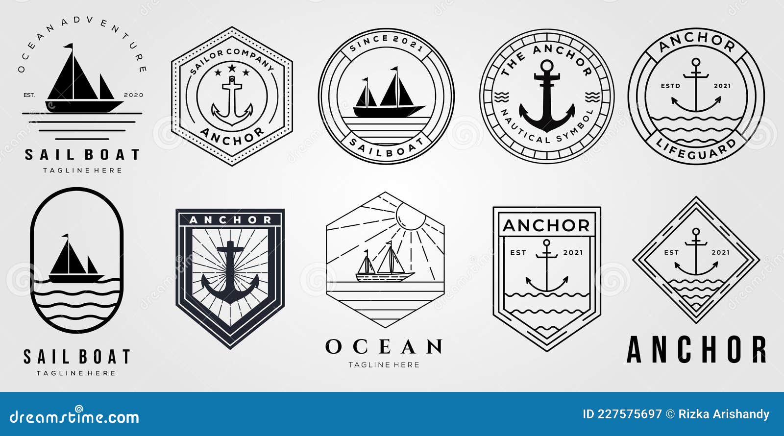 Set of Anchor Logo and Bundle of Ocean Sailing Boat Icon Vector ...