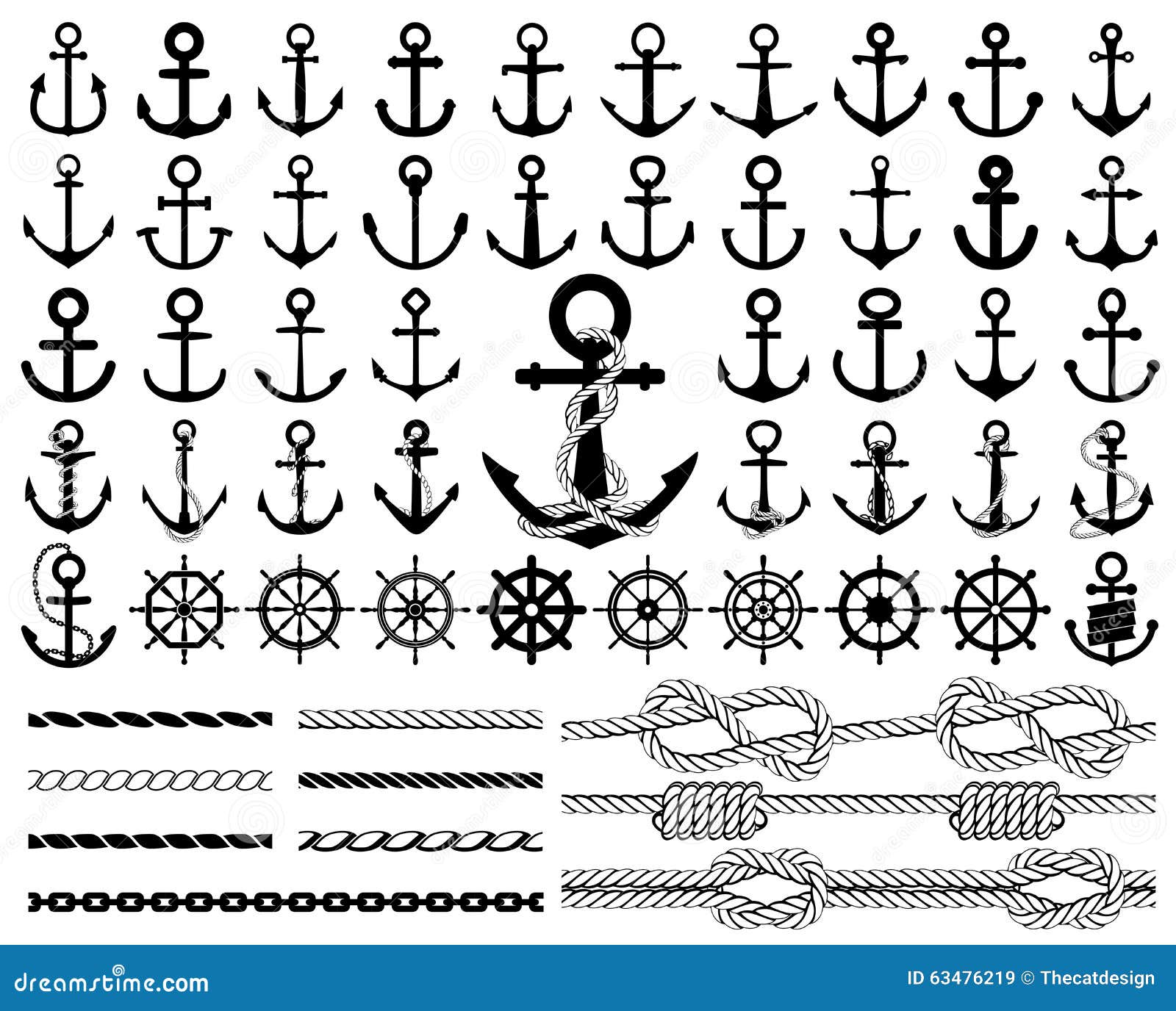 Set Of Anchors, Rudders And Ropes. Vector Doodle Sketch Outline ...
