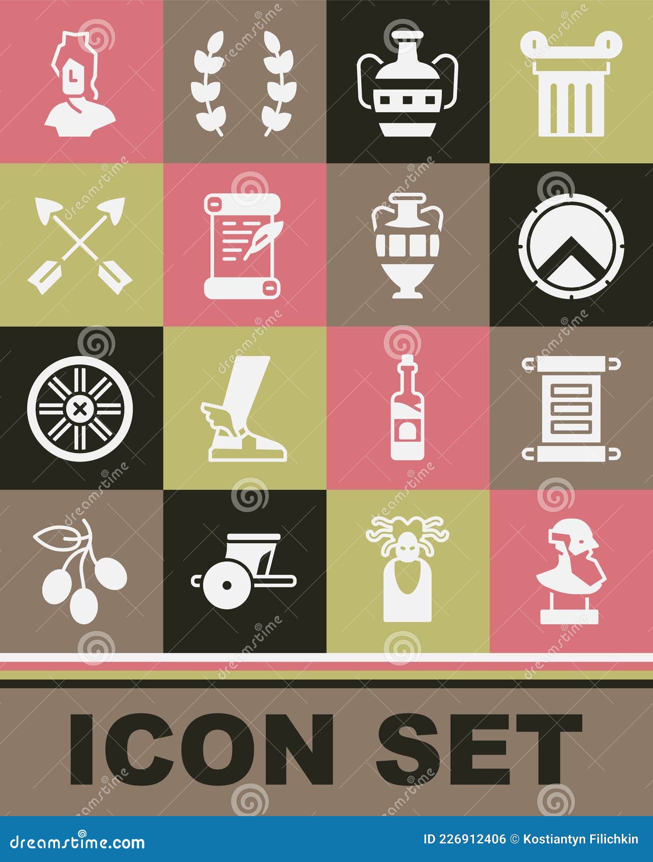 Set Ancient Bust Sculpture, Decree, Parchment, Scroll, Greek Shield ...