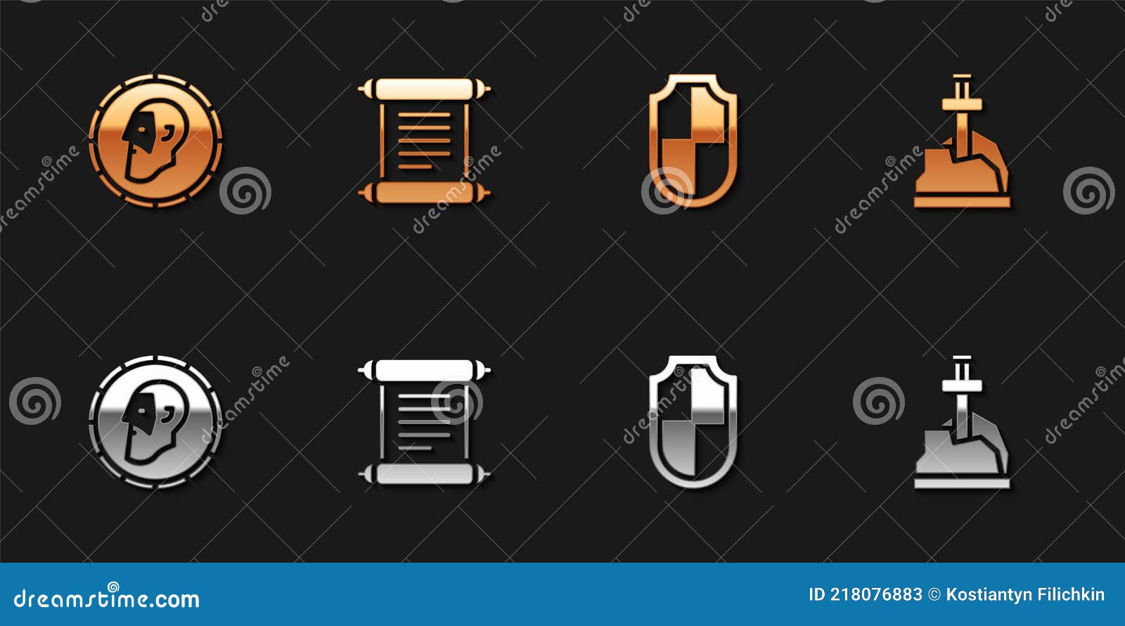 Set Ancient Coin, Decree, Parchment, Scroll, Shield and Sword the Stone ...