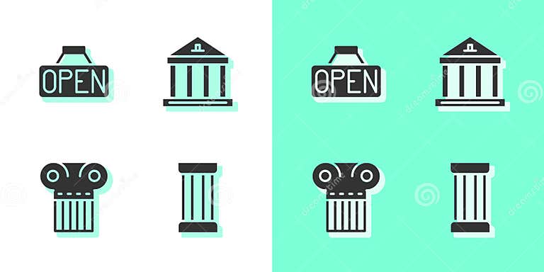 Set Ancient Column, Hanging Sign with Open, and Museum Building Icon ...