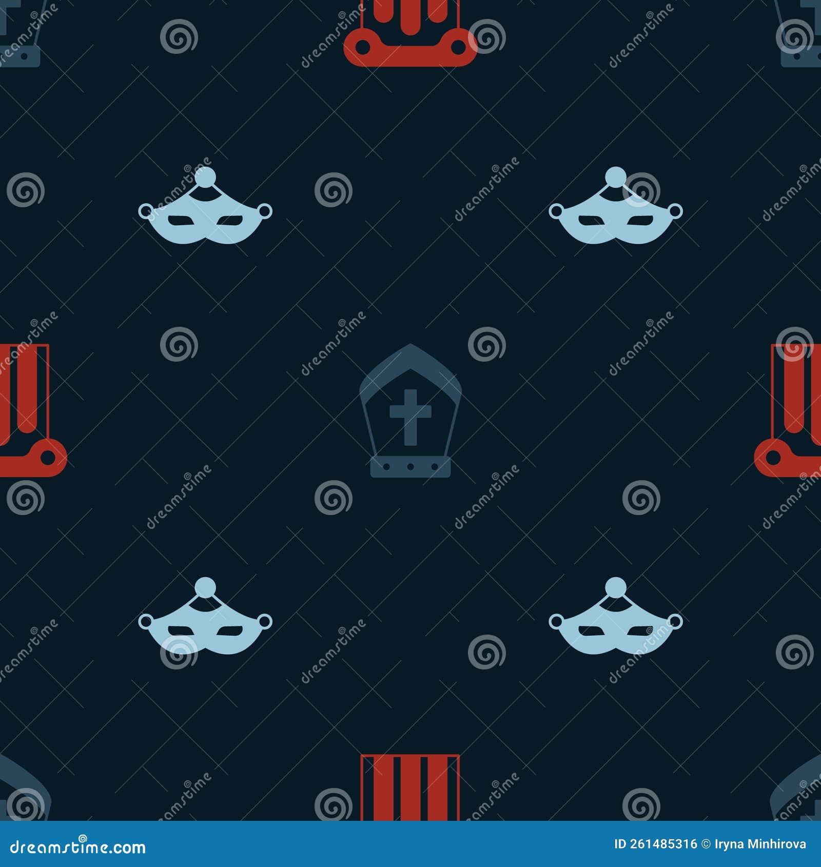 Set Ancient Column, Pope Hat and Carnival Mask on Seamless Pattern ...