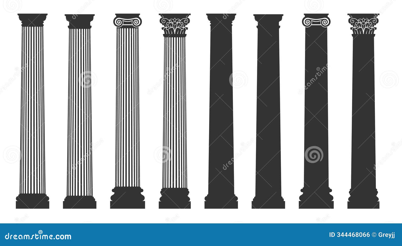 Set of Ancient Greek and Roman Columns, Black Silhouettes, Fluted and ... Set of Ancient Greek and Roman Columns, Black Silhouettes, Fluted and ...