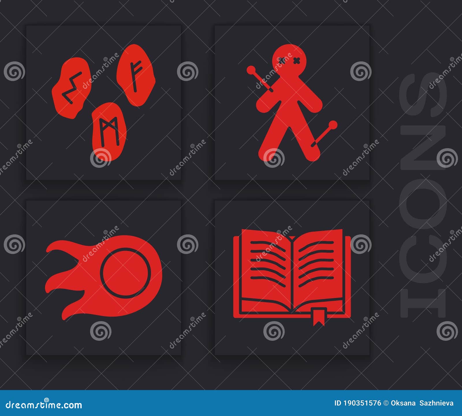 Set Ancient Magic Book, Magic Runes, Voodoo Doll and Fireball Icon ...