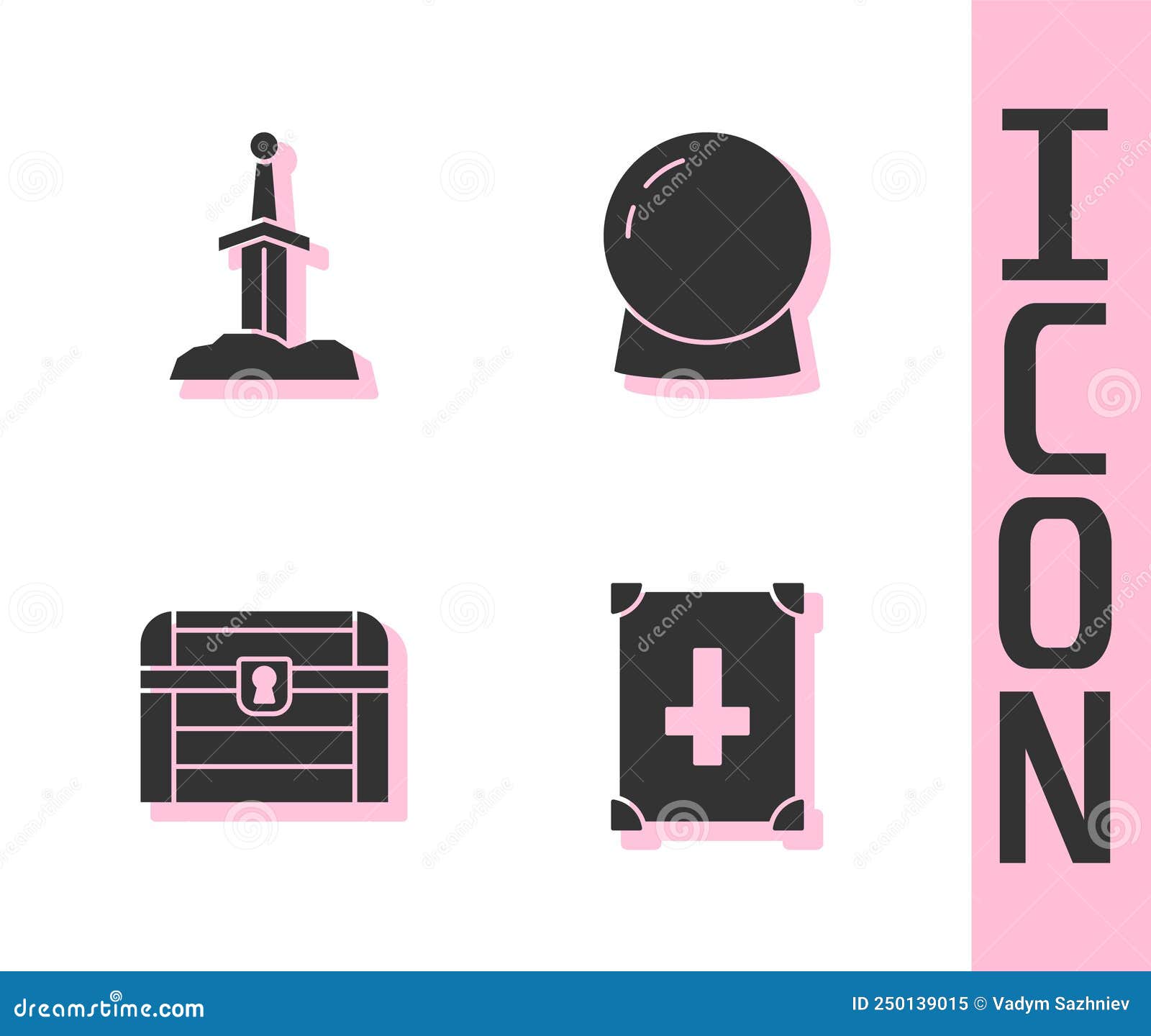 Set Ancient Magic Book, Sword in the Stone, Antique Treasure Chest and ...