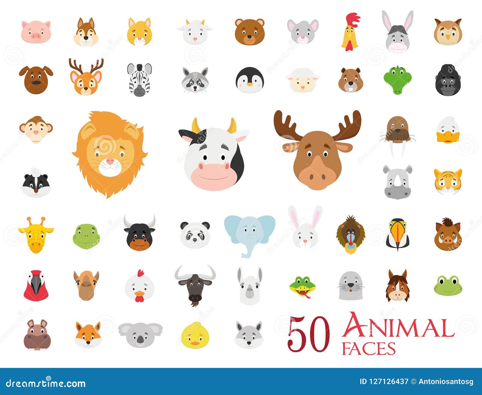 Set of 50 Animal Faces in Cartoon Style Stock Vector - Illustration of ...