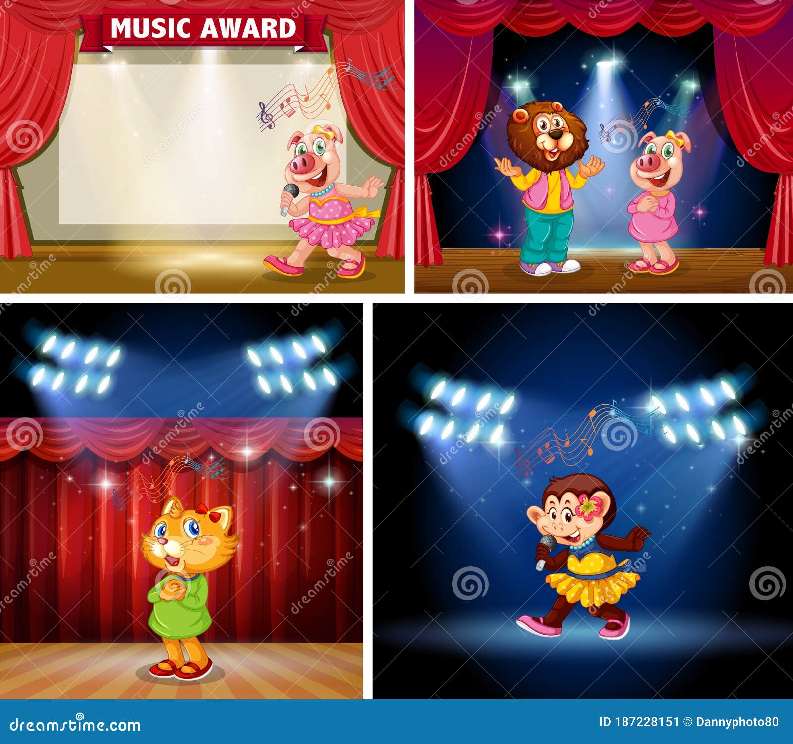 Set of Animal Kids on Stage Stock Vector - Illustration of child, sing ...