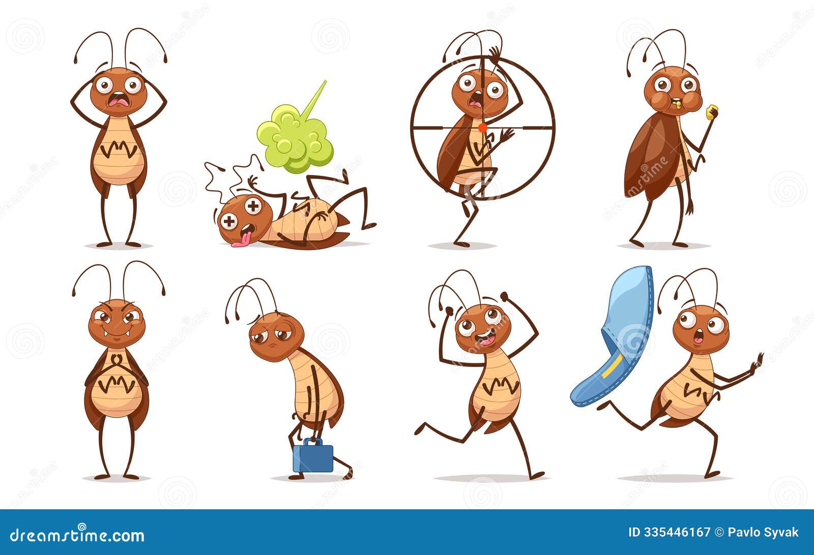 Set of Animated Cartoon Cockroach Characters Displaying Different ...